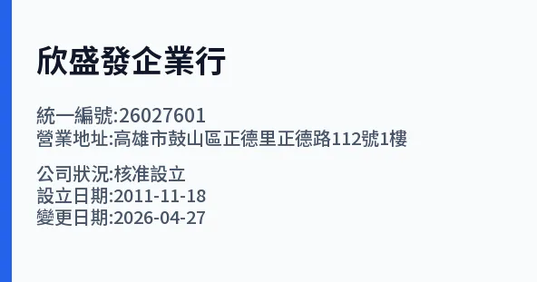 欣盛發企業行的照片-統編 26027601(高雄市) 公司登記資料與營業項目詳細圖表