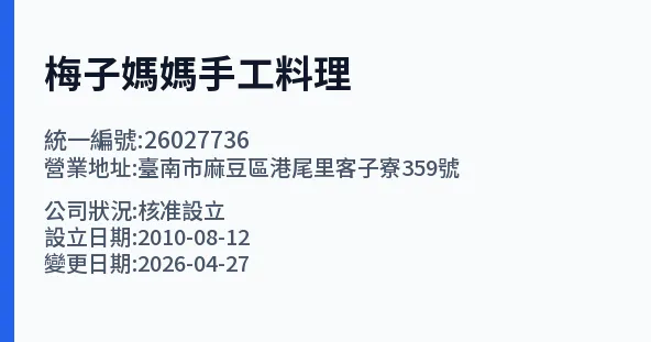 梅子媽媽手工料理的照片-統編 26027736(臺南市) 公司登記資料與營業項目詳細圖表