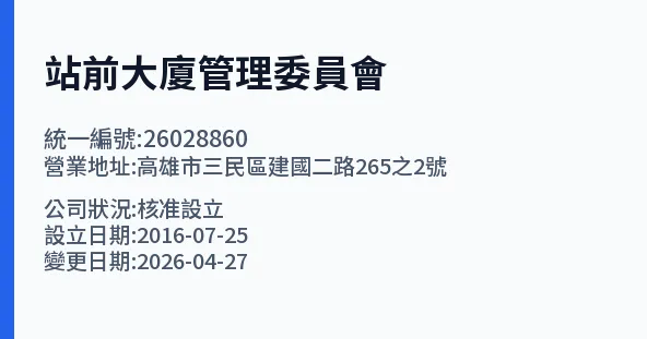 站前大廈管理委員會的照片-統編 26028860(高雄市) 公司登記資料與營業項目詳細圖表