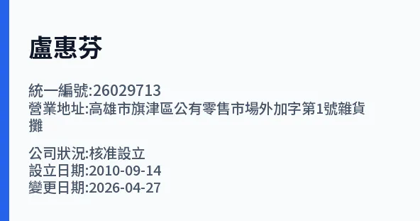 盧惠芬的照片-統編 26029713(高雄市) 公司登記資料與營業項目詳細圖表