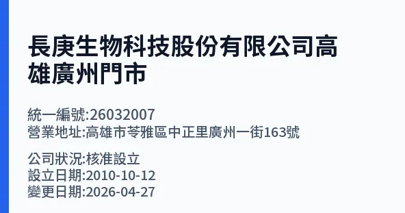 長庚生物科技股份有限公司高雄廣州門市的照片-統編 26032007(高雄市) 公司登記資料與營業項目詳細圖表