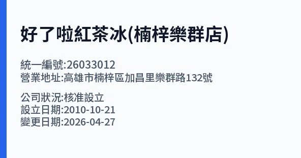 好了啦紅茶冰(楠梓樂群店)的照片-統編 26033012(高雄市) 公司登記資料與營業項目詳細圖表