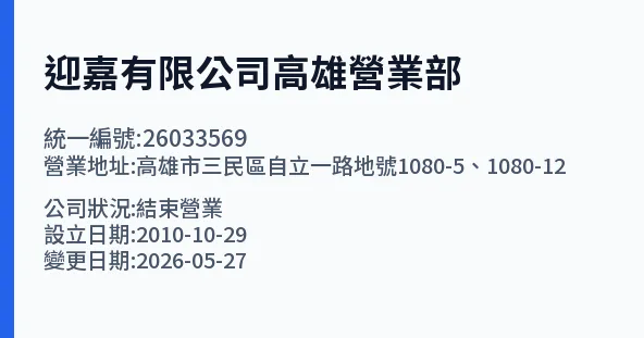 迎嘉有限公司高雄營業部的照片-統編 26033569(高雄市) 公司登記資料與營業項目詳細圖表