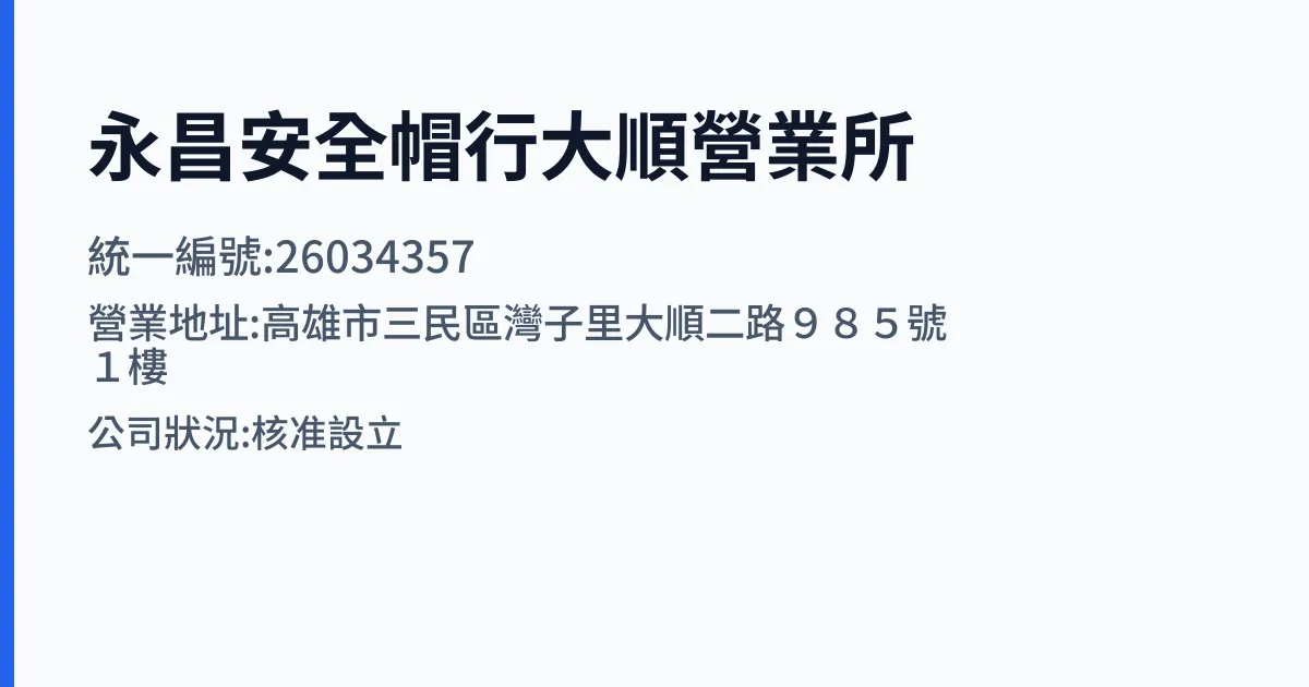 永昌安全帽行大順營業所 - 統編 26034357(高雄市) 公司登記資料與營業項目詳細圖表