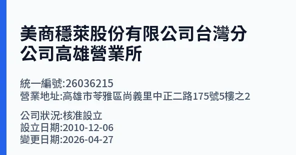 美商穩萊股份有限公司台灣分公司高雄營業所的照片-統編 26036215(高雄市) 公司登記資料與營業項目詳細圖表