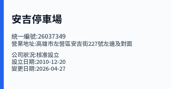 安吉停車場的照片-統編 26037349(高雄市) 公司登記資料與營業項目詳細圖表