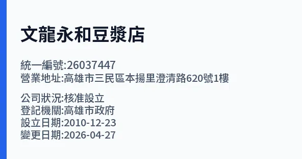 文龍永和豆漿店的照片-統編 26037447(高雄市) 公司登記資料與營業項目詳細圖表