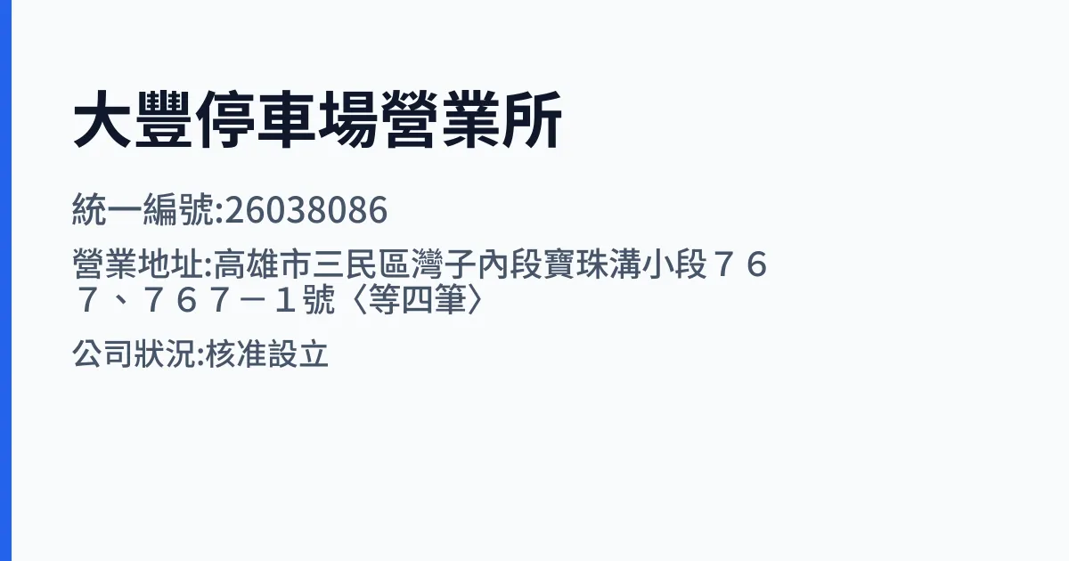大豐停車場營業所 - 統編 26038086(高雄市) 公司登記資料與營業項目詳細圖表