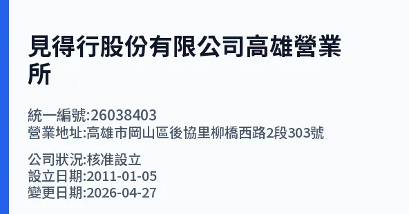 見得行股份有限公司高雄營業所的照片-統編 26038403(高雄市) 公司登記資料與營業項目詳細圖表