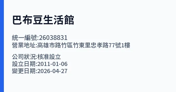 巴布豆生活館的照片-統編 26038831(高雄市) 公司登記資料與營業項目詳細圖表