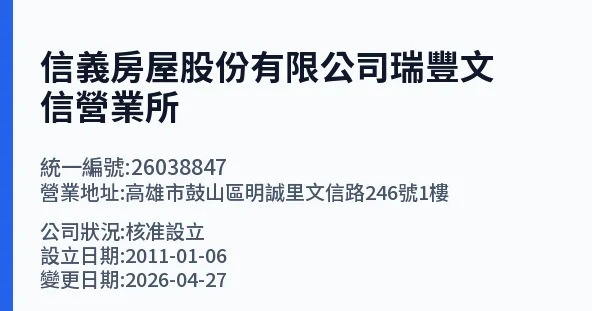 信義房屋股份有限公司瑞豐文信營業所的照片-統編 26038847(高雄市) 公司登記資料與營業項目詳細圖表