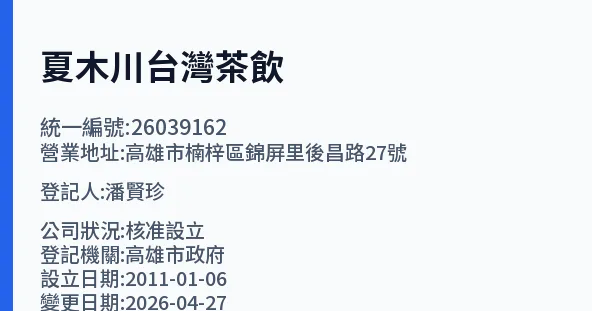 夏木川台灣茶飲的照片-統編 26039162(高雄市) 公司登記資料與營業項目詳細圖表