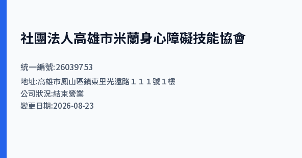 社團法人高雄市米蘭身心障礙技能協會的照片-統編 26039753(高雄市) 公司登記資料與營業項目詳細圖表
