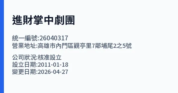 進財掌中劇團的照片-統編 26040317(高雄市) 公司登記資料與營業項目詳細圖表