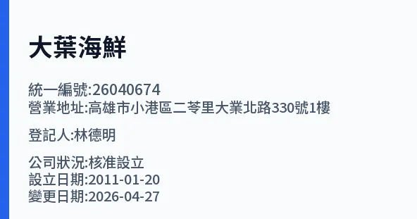 大葉海鮮的照片-統編 26040674(高雄市) 公司登記資料與營業項目詳細圖表
