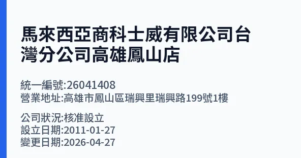 馬來西亞商科士威有限公司台灣分公司高雄鳳山店的照片-統編 26041408(高雄市) 公司登記資料與營業項目詳細圖表