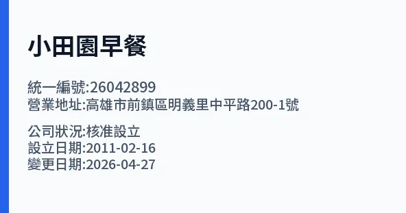 小田園早餐的照片-統編 26042899(高雄市) 公司登記資料與營業項目詳細圖表