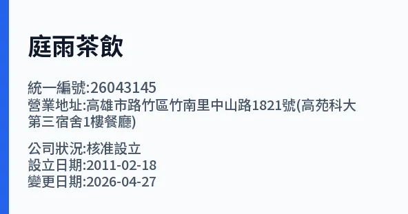 庭雨茶飲的照片-統編 26043145(高雄市) 公司登記資料與營業項目詳細圖表