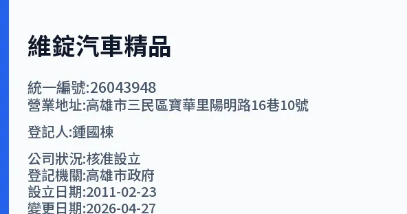 維錠汽車精品的照片-統編 26043948(高雄市) 公司登記資料與營業項目詳細圖表