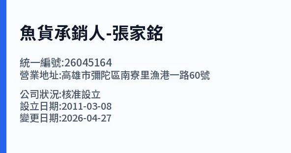魚貨承銷人-張家銘的照片-統編 26045164(高雄市) 公司登記資料與營業項目詳細圖表