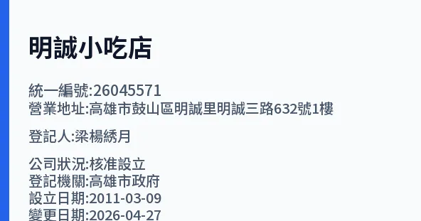 明誠小吃店的照片-統編 26045571(高雄市) 公司登記資料與營業項目詳細圖表