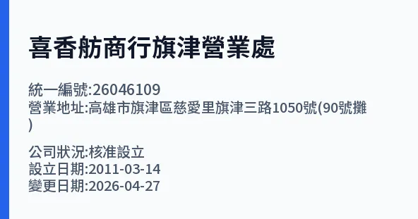 喜香舫商行旗津營業處的照片-統編 26046109(高雄市) 公司登記資料與營業項目詳細圖表