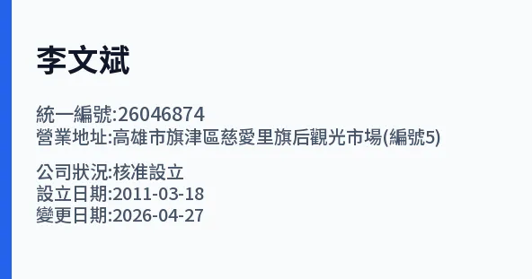 李文斌的照片-統編 26046874(高雄市) 公司登記資料與營業項目詳細圖表