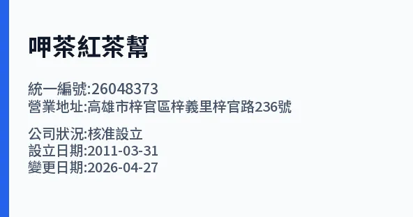呷茶紅茶幫的照片-統編 26048373(高雄市) 公司登記資料與營業項目詳細圖表
