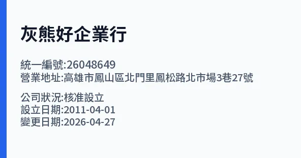 灰熊好企業行的照片-統編 26048649(高雄市) 公司登記資料與營業項目詳細圖表
