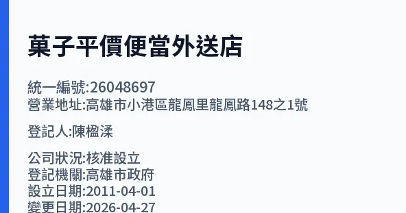 菓子平價便當外送店的照片-統編 26048697(高雄市) 公司登記資料與營業項目詳細圖表