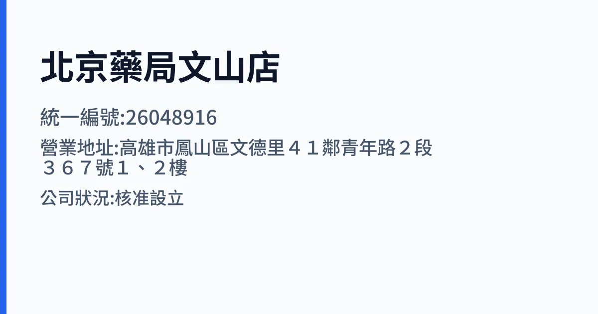 北京藥局文山店 - 統編 26048916(高雄市) 公司登記資料與營業項目詳細圖表