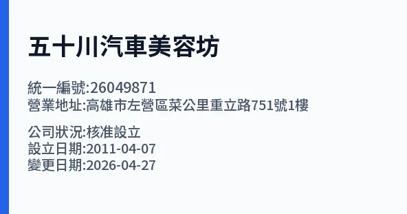 五十川汽車美容坊的照片-統編 26049871(高雄市) 公司登記資料與營業項目詳細圖表