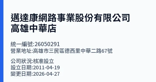 邁達康網路事業股份有限公司高雄中華店的照片-統編 26050291(高雄市) 公司登記資料與營業項目詳細圖表