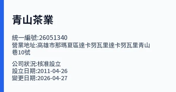 青山茶業的照片-統編 26051340(高雄市) 公司登記資料與營業項目詳細圖表