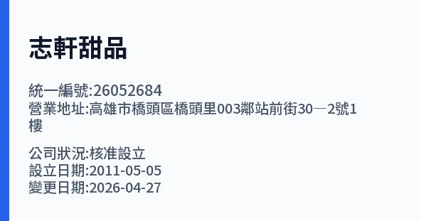 志軒甜品的照片-統編 26052684(高雄市) 公司登記資料與營業項目詳細圖表