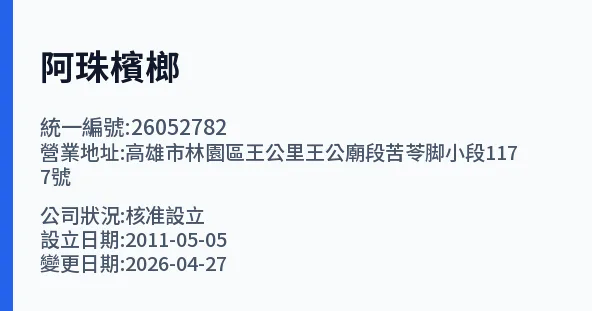 阿珠檳榔的照片-統編 26052782(高雄市) 公司登記資料與營業項目詳細圖表