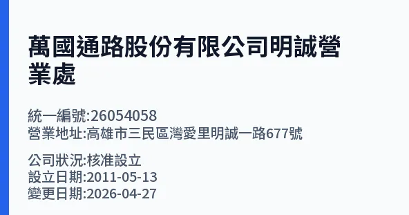 萬國通路股份有限公司明誠營業處的照片-統編 26054058(高雄市) 公司登記資料與營業項目詳細圖表
