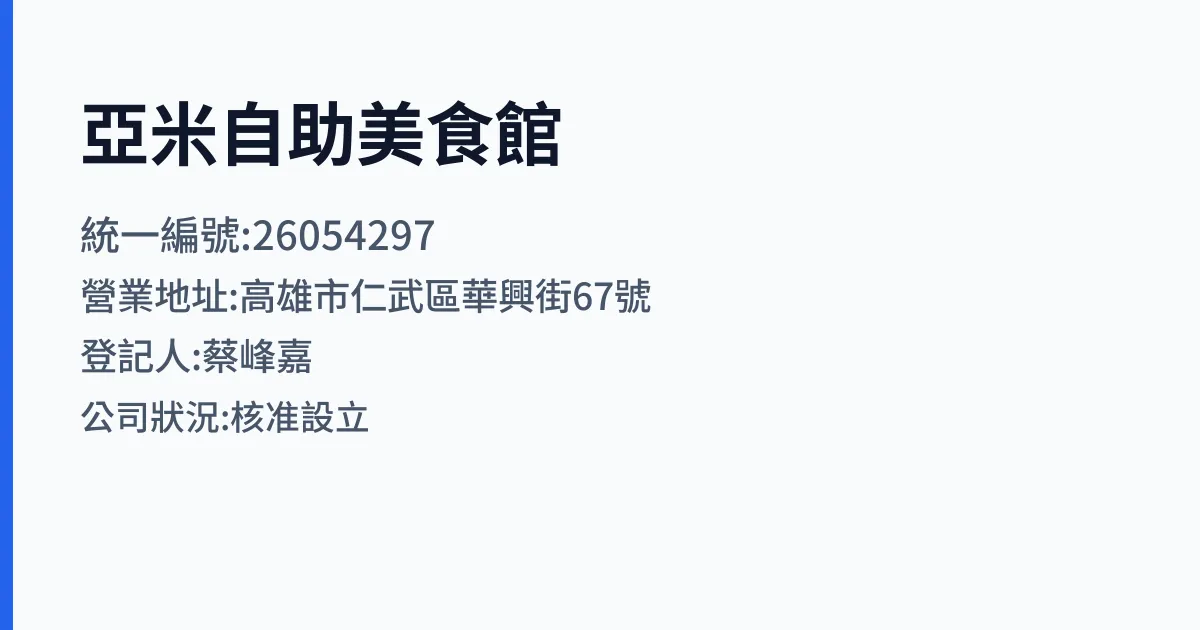 亞米自助美食館 - 統編 26054297(高雄市) 公司登記資料與營業項目詳細圖表