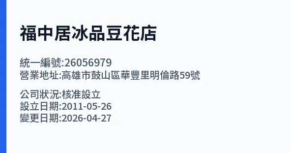 福中居冰品豆花店的照片-統編 26056979(高雄市) 公司登記資料與營業項目詳細圖表