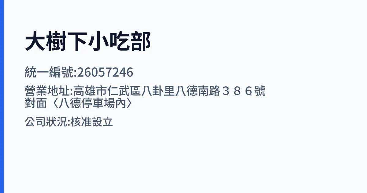 大樹下小吃部 - 統編 26057246(高雄市) 公司登記資料與營業項目詳細圖表