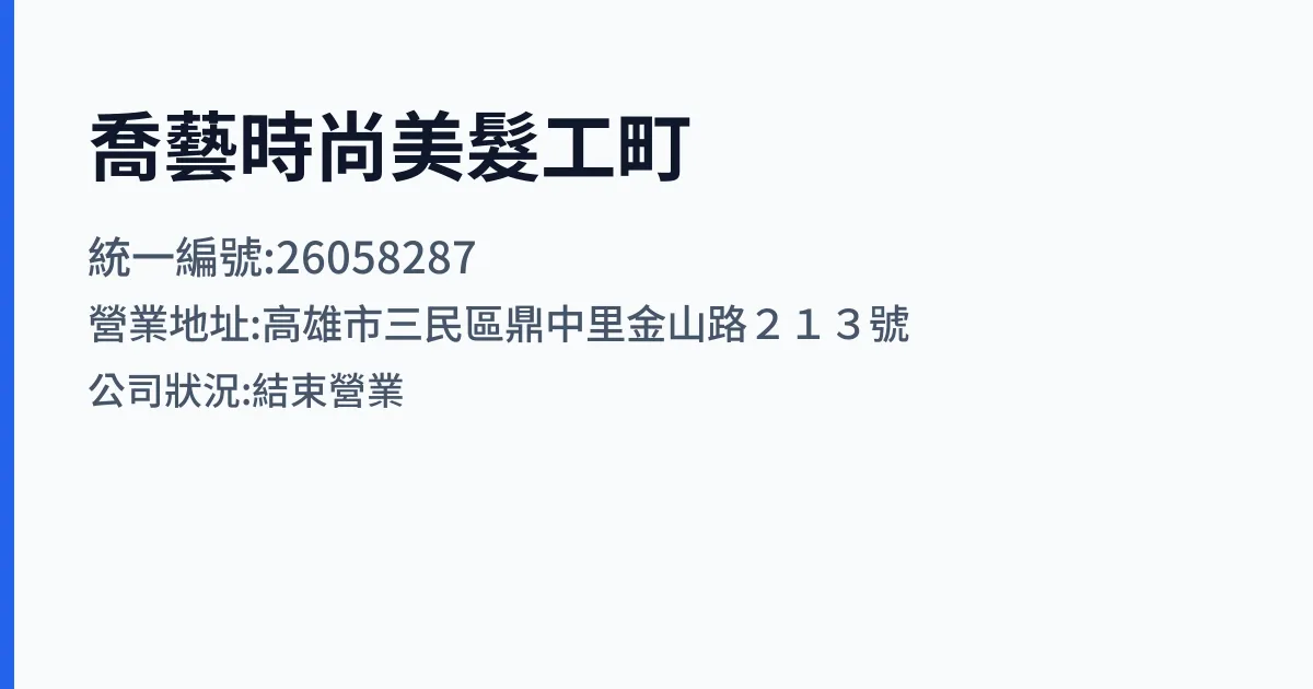 喬藝時尚美髮工町 - 統編 26058287(高雄市) 公司登記資料與營業項目詳細圖表