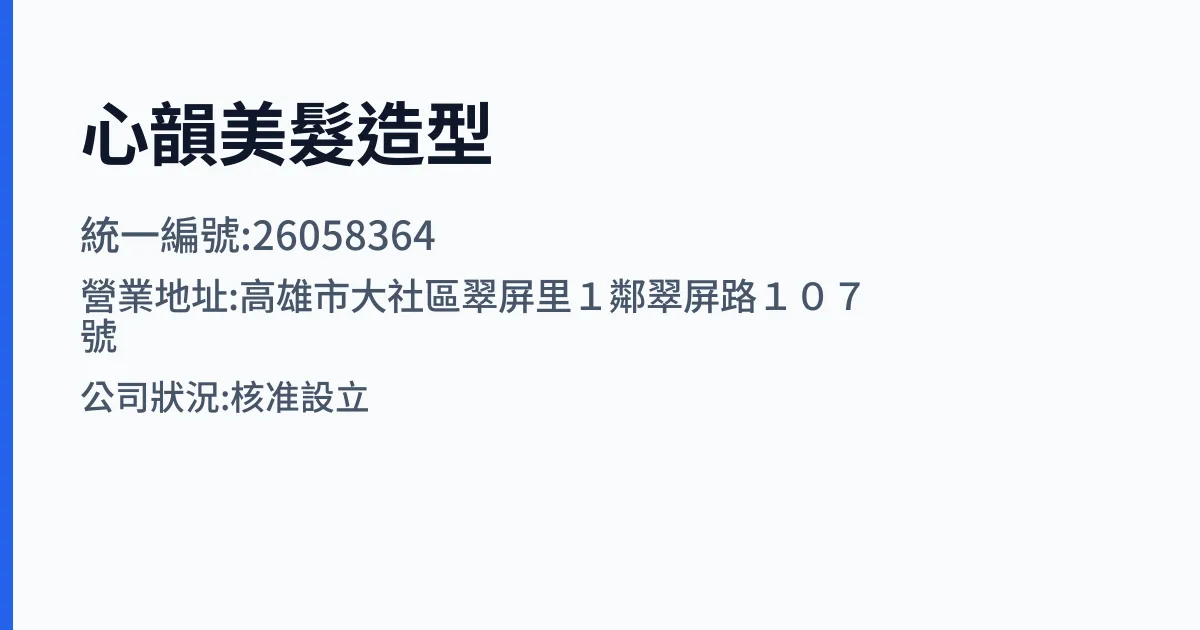 心韻美髮造型 - 統編 26058364(高雄市) 公司登記資料與營業項目詳細圖表