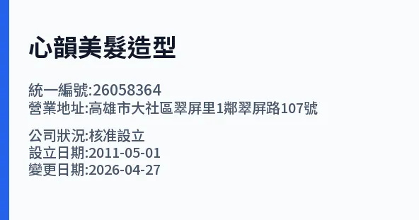 心韻美髮造型的照片-統編 26058364(高雄市) 公司登記資料與營業項目詳細圖表