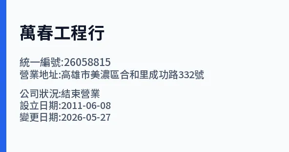 萬春工程行的照片-統編 26058815(高雄市) 公司登記資料與營業項目詳細圖表