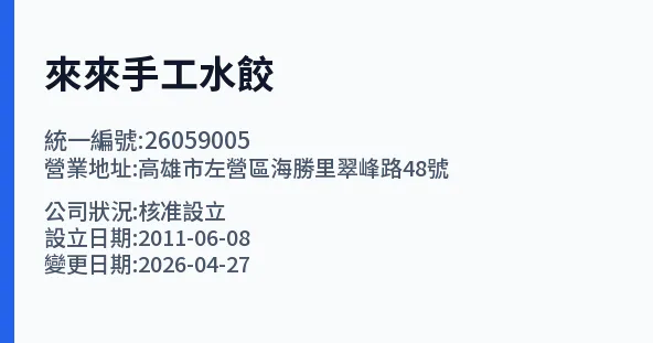 來來手工水餃的照片-統編 26059005(高雄市) 公司登記資料與營業項目詳細圖表
