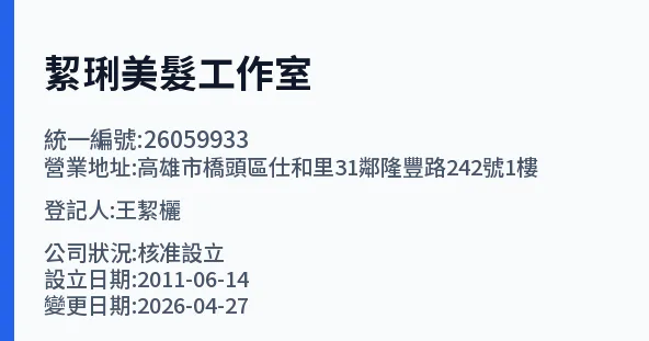 絜琍美髮工作室的照片-統編 26059933(高雄市) 公司登記資料與營業項目詳細圖表