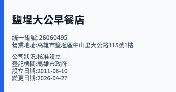 鹽埕大公早餐店的照片-統編 26060495(高雄市) 公司登記資料與營業項目詳細圖表