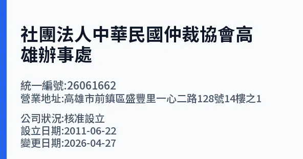 社團法人中華民國仲裁協會高雄辦事處的照片-統編 26061662(高雄市) 公司登記資料與營業項目詳細圖表