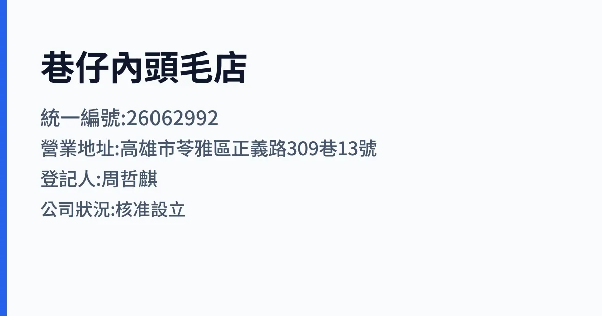 巷仔內頭毛店 - 統編 26062992(高雄市) 公司登記資料與營業項目詳細圖表