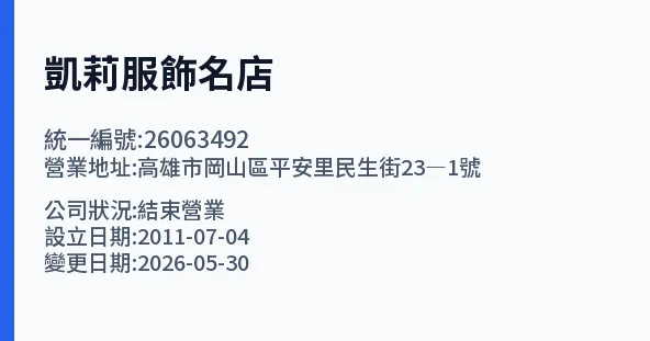 凱莉服飾名店的照片-統編 26063492(高雄市) 公司登記資料與營業項目詳細圖表